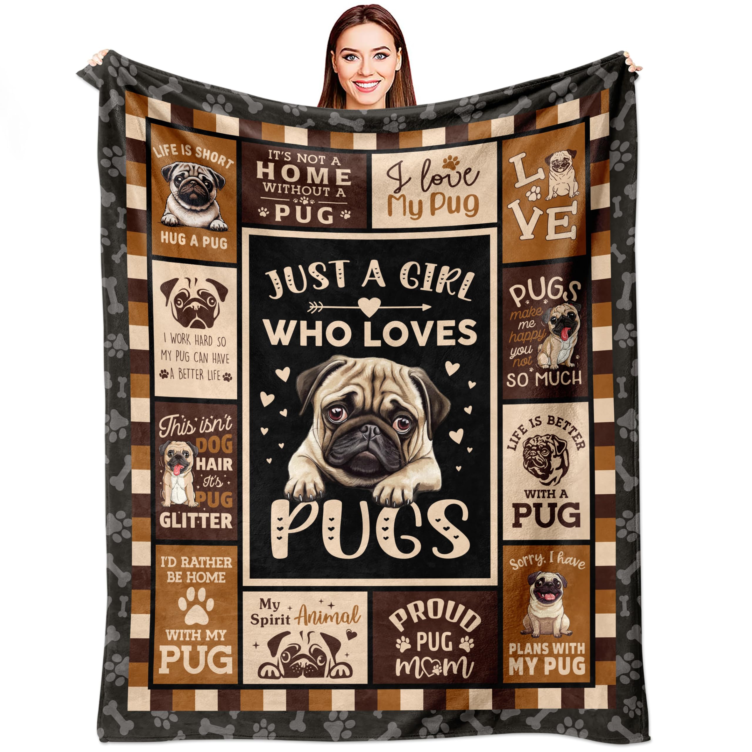 Pug Gifts Blanket 60" X 50" - Christmas Pug Gifts for Pug Lovers - Xmas Pugs Gifts for Women - Pug Mom Gifts - Puppy Gifts for Girls - Gifts for Pug Dog Lovers - Pug Themed Gift for Pug Owners