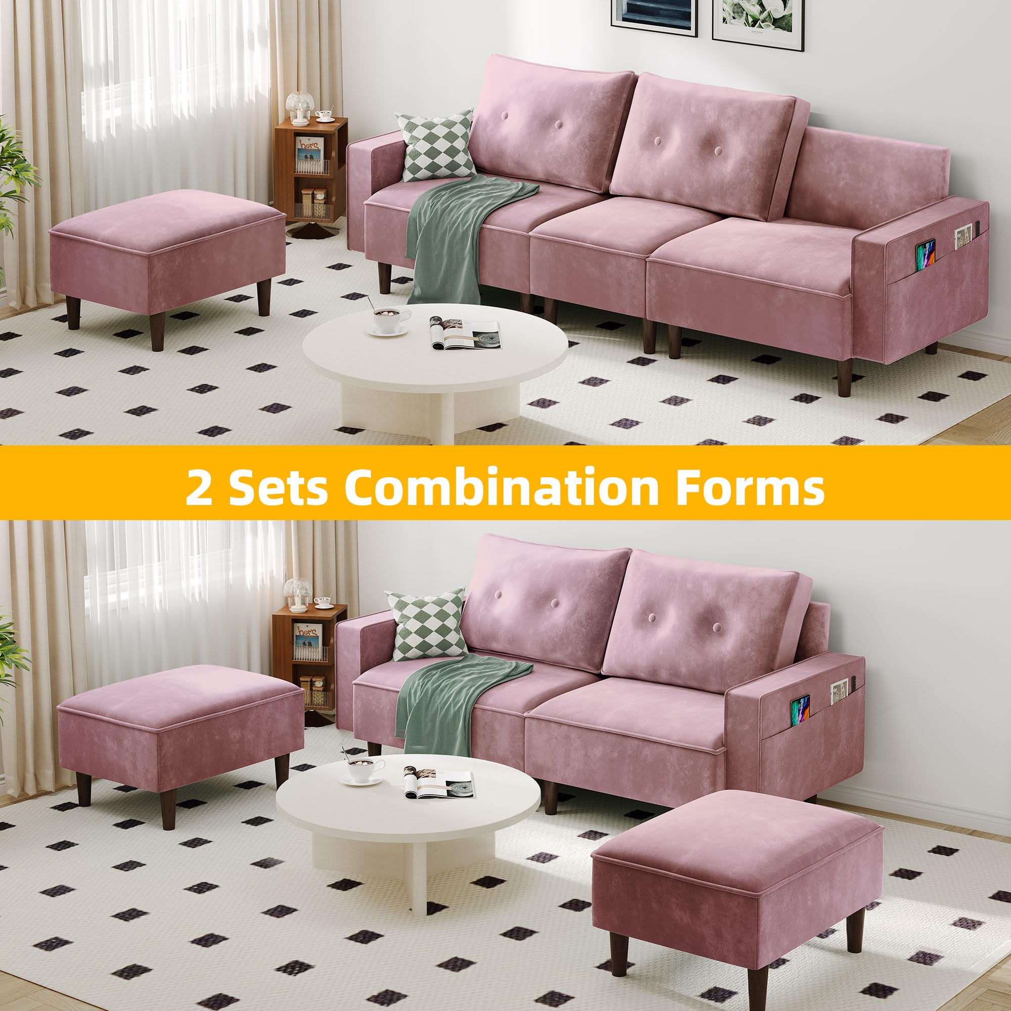 YITAHOME Modular Sectional Sofa for Small Space, Flexible Combination Convetible Couch with Ottoman, Modern Velvet Fabric Loveseat for Apartment Sleeping Room Living Room, Pink