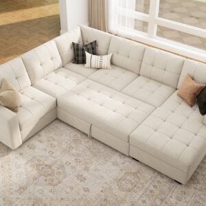 HONBAY Sleeper Sectional Sofa with Pull Out Bed, U Shaped Sectional Sleeper Couch with Storage Chaise, Convertible Sectional Sleeper Sofa Bed, Beige