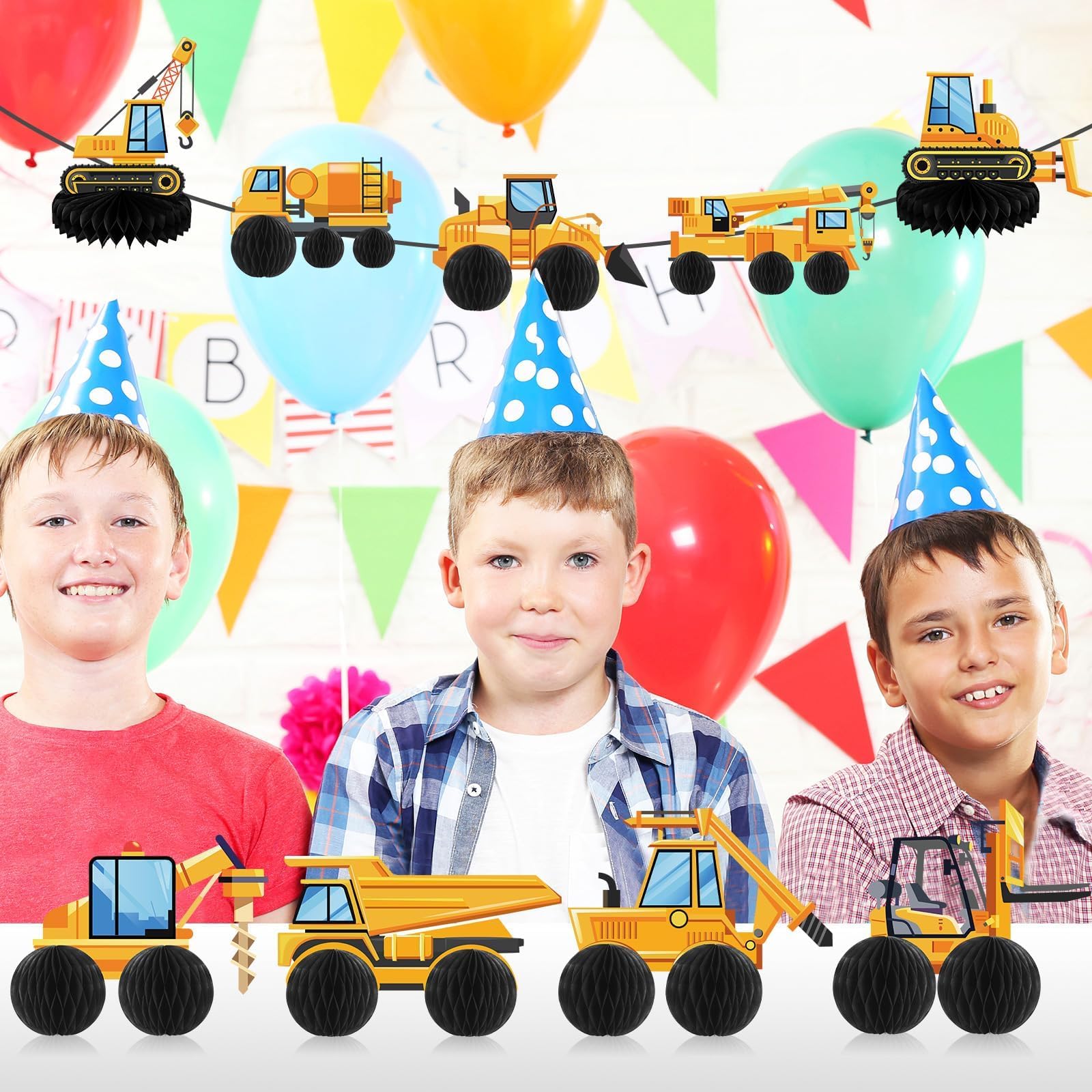 Justforjoyful 9PCS Construction Birthday Party Supplies Construction Honeycomb Centerpieces Construction Car 3D Table Toppers Dump Truck Party Decors for Kids Boys Baby Shower Birthday Party Favors