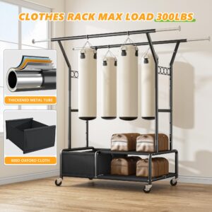 Raybee Clothes Racks for Hanging Clothes with Shelves, Adjustable Clothing Rack with Lockable Wheels, Multi-Functional Closet Rack For Bedroom, Heavy Duty Garment Racks for Hanging 220+ Clothes