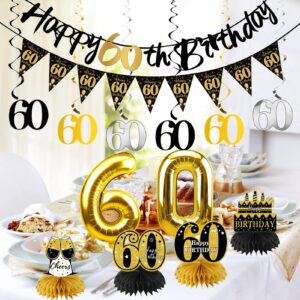 Guiruiy 13PCS 60th Birthday Decorations for Men Women, Black Gold Happy 60 Birthday Banner Centerpieces Swirls Balloons Kit Party Supplies, Sixty Years Old Bday Ceiling Table Topper Decor