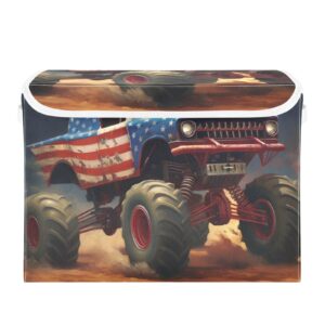 ymgqyj american monster truck storage cube with lid collapsible, large capacity foldable storage basket bin organizer 16.5×12.6×11.8 inches