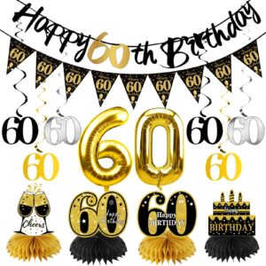 guiruiy 13pcs 60th birthday decorations for men women, black gold happy 60 birthday banner centerpieces swirls balloons kit party supplies, sixty years old bday ceiling table topper decor