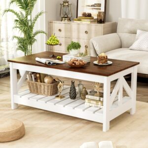 jummico 39” farmhouse coffee table for living room, 2-tier modern living room table with storage shelf, rustic rectangular center table space saving home furniture (rustic brown & white)