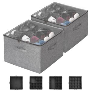 weltrxe 2 pack shoe organizer for closet, fits up to 32 pairs, small space shoe storage boxes bins containers w/adjustable dividers, space saving shoes holder w/reinforced handles, gray