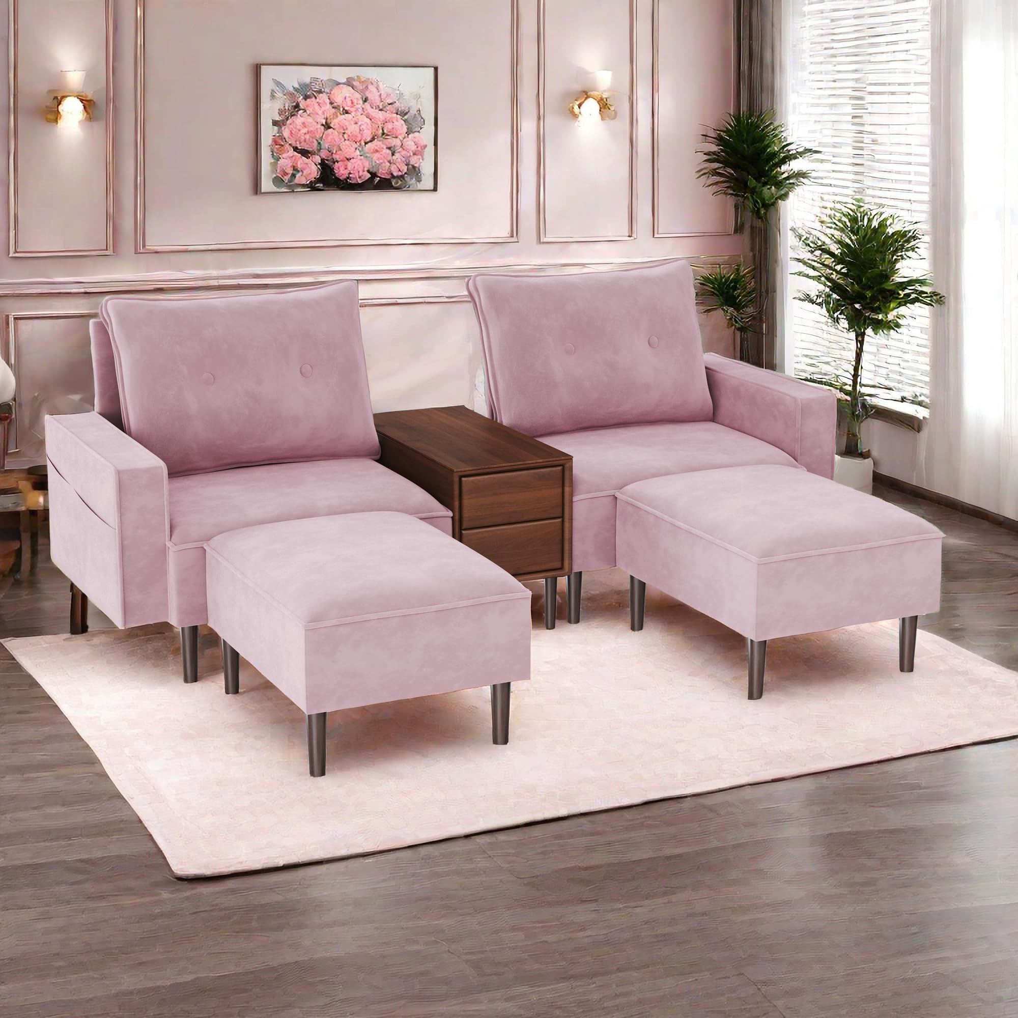 YITAHOME Modular Sectional Sofa for Small Space, Flexible Combination Convetible Couch with Ottoman, Modern Velvet Fabric Loveseat for Apartment Sleeping Room Living Room, Pink