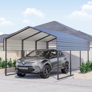 metal carport 10'x15'x8.5' ft heavy duty grey galvanized steel roof multi-use shelter canopy with metal frame, prefab carport garage for cars, boats, and tractors