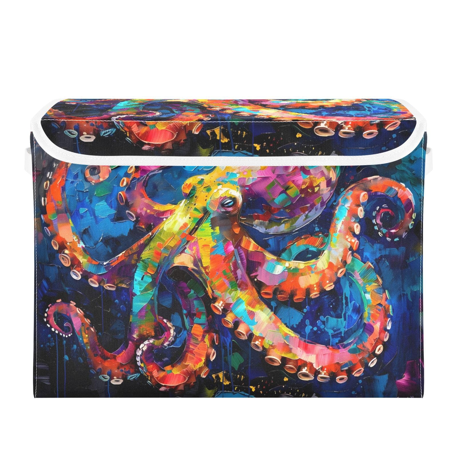 YMGQYJ Oil Painting Animal Storage Cube with Lid Collapsible, Large Capacity Foldable Storage Basket Bin Organizer 16.5×12.6×11.8 inches