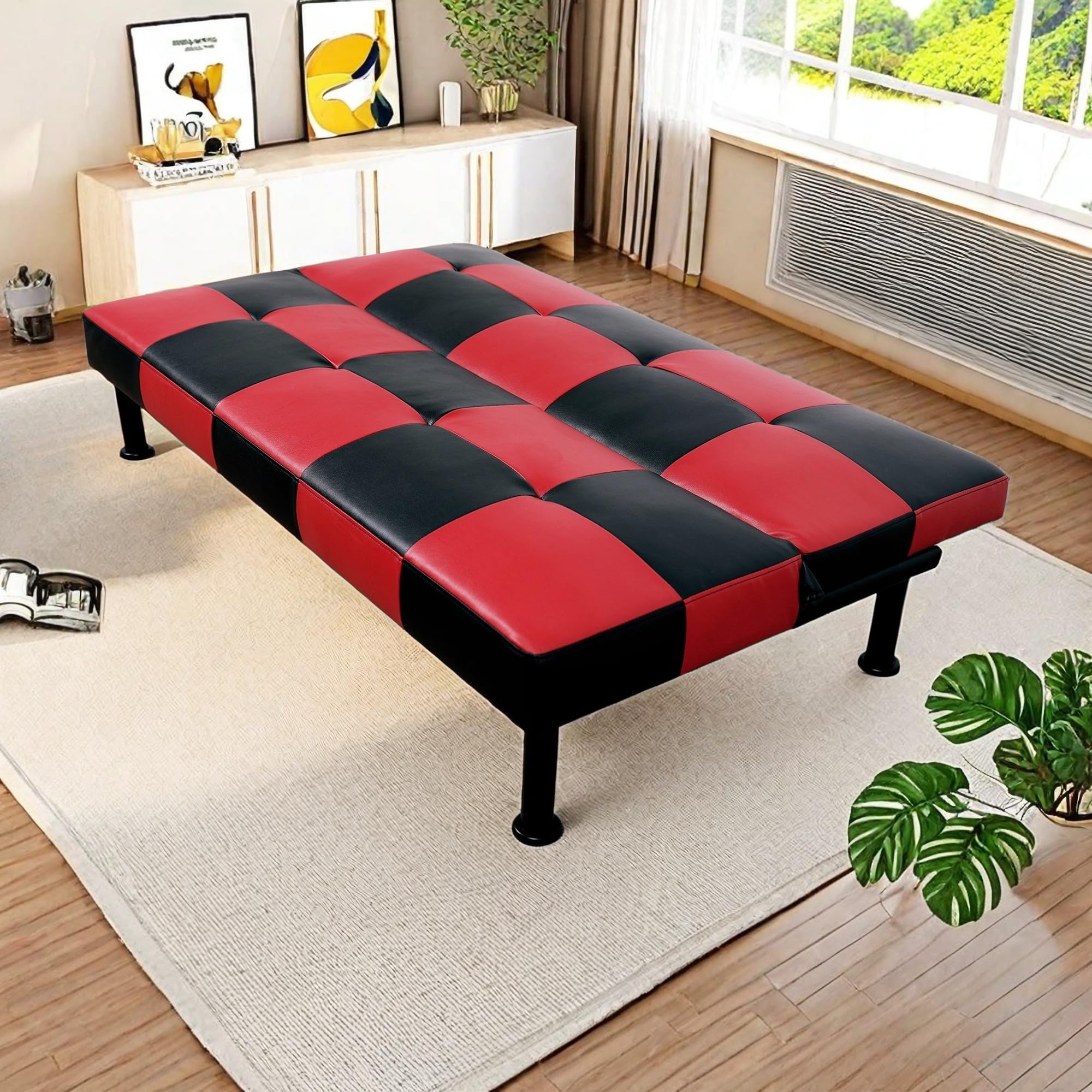 GlasFlength Convertible Futon Sofa Bed, Modern Comfy Folding Couches Bed, 64" Upholstered Foldable Recliner Sleeper Sofa with Adjustable Backrest for Living Room Bedroom Office, Red Black