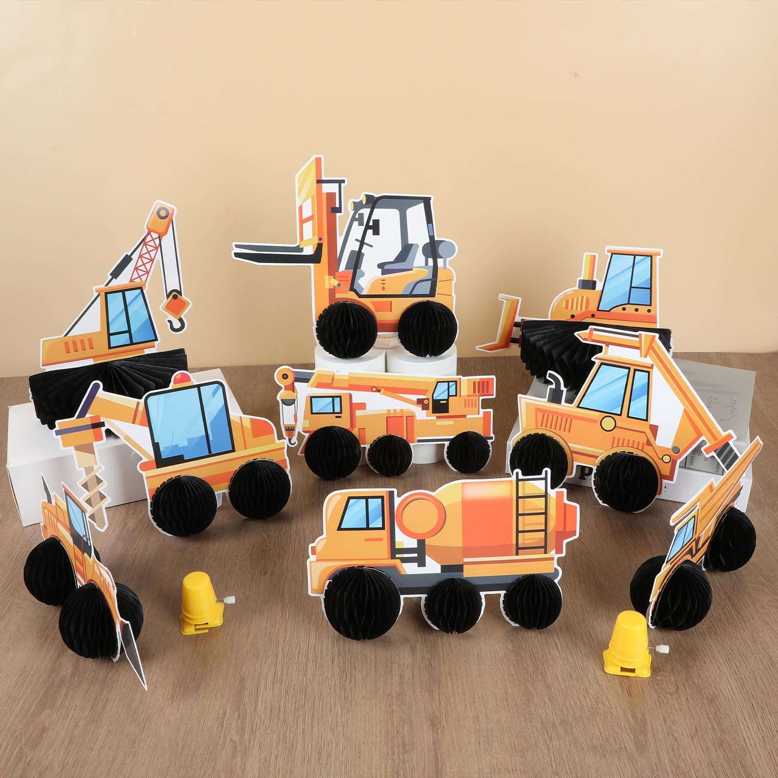 Justforjoyful 9PCS Construction Birthday Party Supplies Construction Honeycomb Centerpieces Construction Car 3D Table Toppers Dump Truck Party Decors for Kids Boys Baby Shower Birthday Party Favors