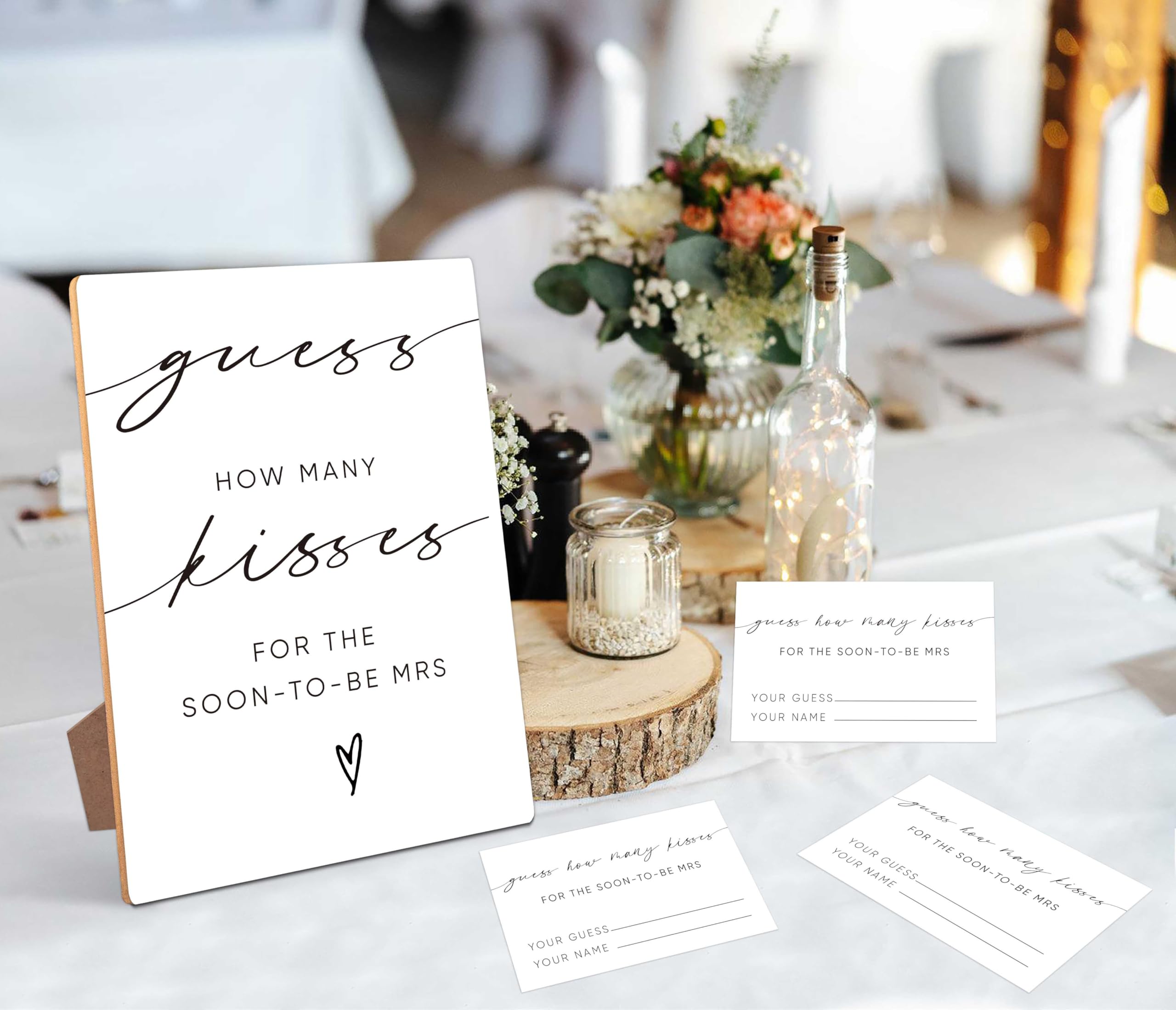 How Many Kisses Bridal Shower Game, Bridal Shower Games, Bridal Shower Decorations, Bridal Party Decorations, Bachelorette Party Games,1 Wooden Play Sign with Stand and 50 Guessing Cards Set