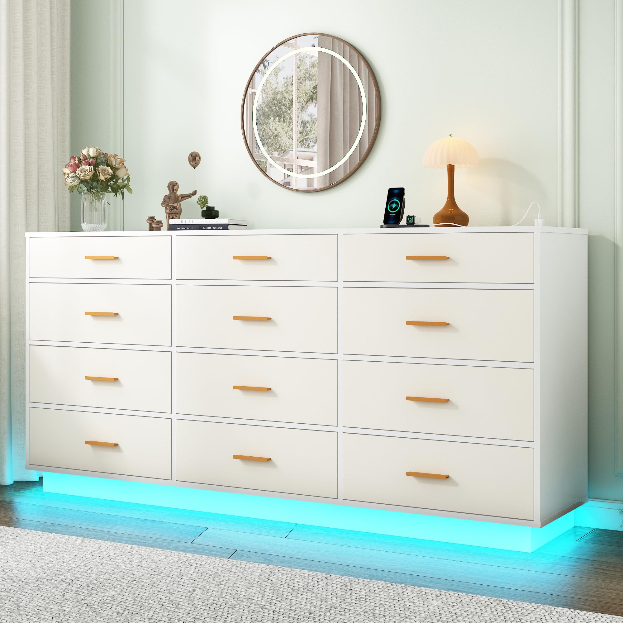 White 12 Drawers Dresser w/Power Outlet,60000-Colors Lights,63In Long Dresser Chest for Bedroom,Wooden Tall Large Capacity Clothing Storage Cabinet for Living Room(White,12 Drawers Dresser)