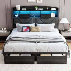 dogibixo full size black bed frame with 4 drawers, upholstered velvet platform bed frames with led lights, button tufted headboard, wooden slats support, no box spring needed, black