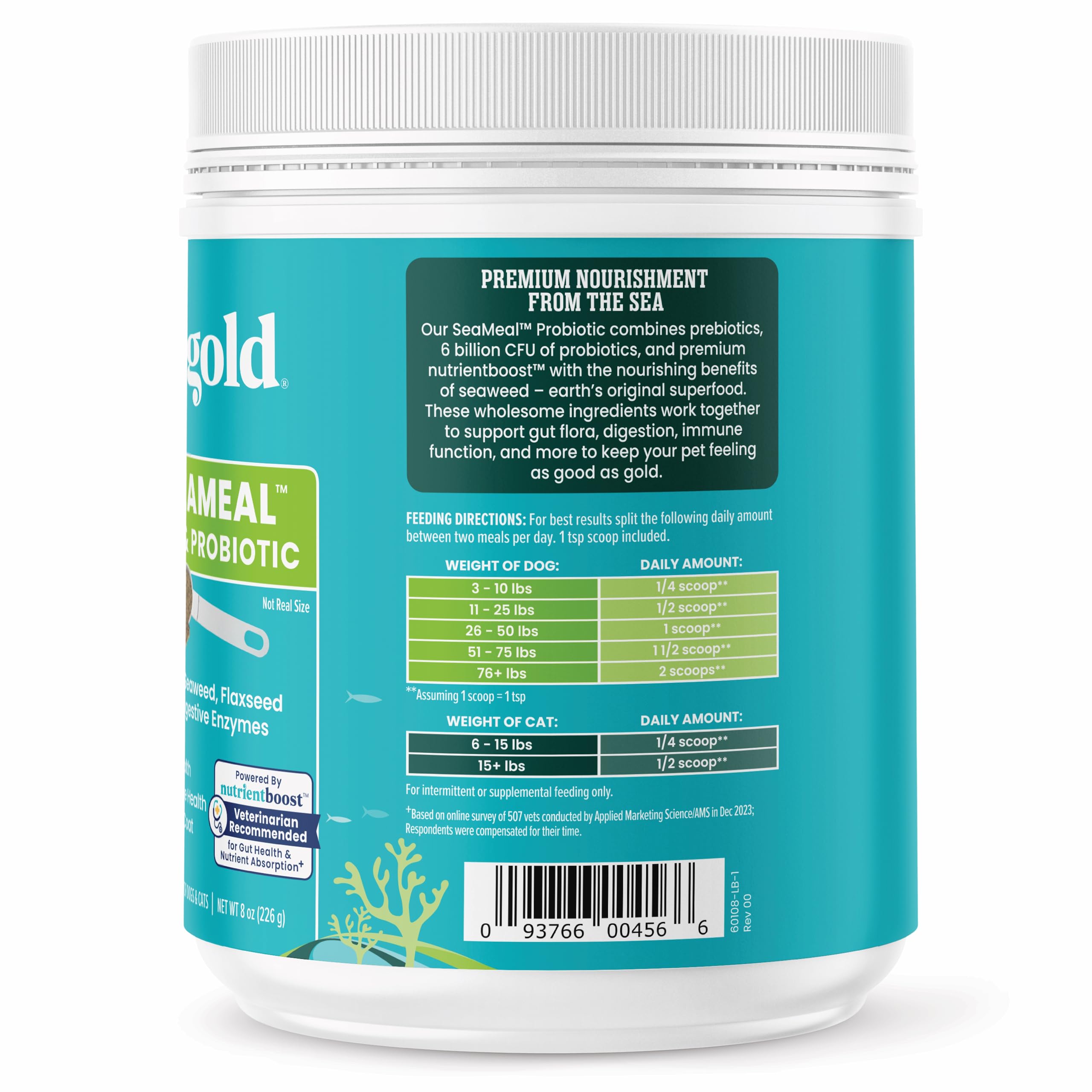 Solid Gold SeaMeal Cat Probiotic & Dog Probiotics for Digestive Health - Kelp Powder Cat & Dog Supplement w/Prebiotics & Digestive Enzymes for Skin, Coat, & Gut + Immune Support (8 Ounce (Pack of 1))