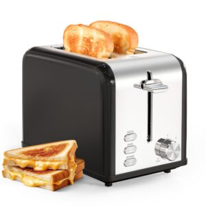 simple deluxe 2-slice toaster, stainless steel toaster, 6 browning setting and 3 function, extra wide slot & removable crumb tray, for bread & waffle, black