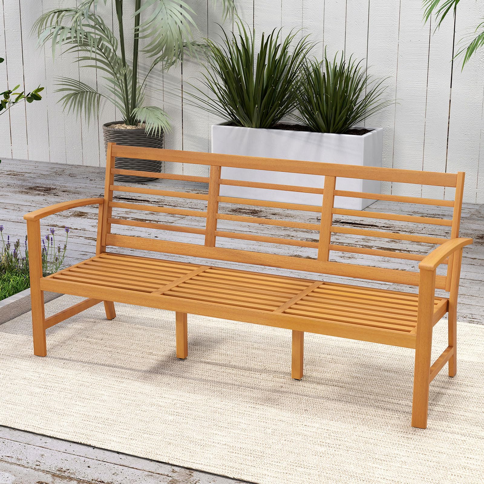 RELAX4LIFE 64’’ Outdoor Bench Acacia Wood - 3-Seat Patio Bench w/Slatted Backrest, Armrests & Seat Cushion, Extra Long Front Porch Bench for Park Poolside Yard, 1200LBS Capacity, 3-Person Garden Bench