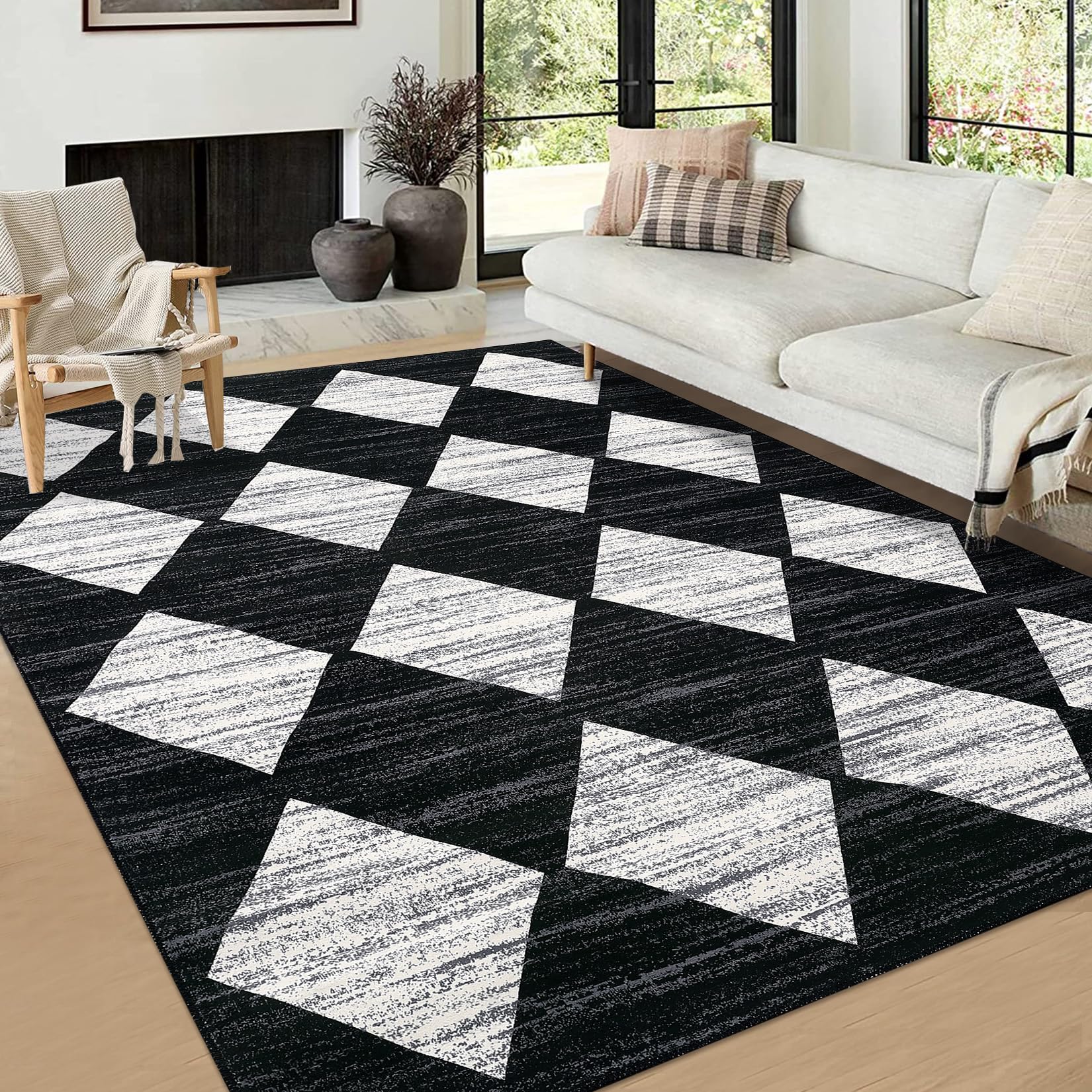 MilleLoom 9x12 Area Rug Washable Rugs Large Checkered Rug Modern Geometric Rug Living Room Rug, Soft Neutral Accent Rugs for Farmhouse Dining Room,Stain Resistant Non-Slip Low-Pile Floor Carpet Black