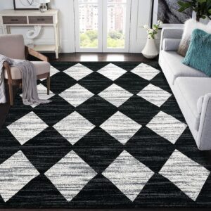 milleloom 9x12 area rug washable rugs large checkered rug modern geometric rug living room rug, soft neutral accent rugs for farmhouse dining room,stain resistant non-slip low-pile floor carpet black