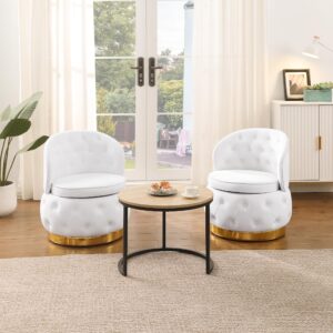 Accent Chair Barrel Chair with Storage Function Round Armchair Small Accent Chair Comfy Tufted Button Cushion for Living Room Bedroom Office (White)