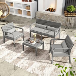 udpatio resin patio furniture set, no rust modular outdoor sectional sofa set, all weather patio conversation set, for backyard, deck, poolside with coffee table, 4pc grey