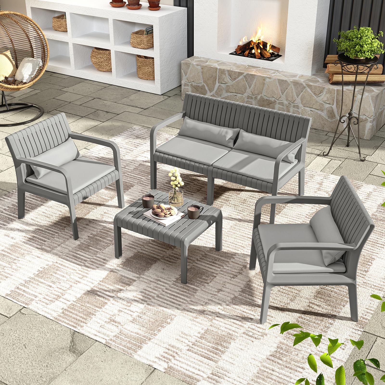 UDPATIO Resin Patio Furniture Set, No Rust Modular Outdoor Sectional Sofa Set, All Weather Patio Conversation Set, for Backyard, Deck, Poolside with Coffee Table, 4pc Grey