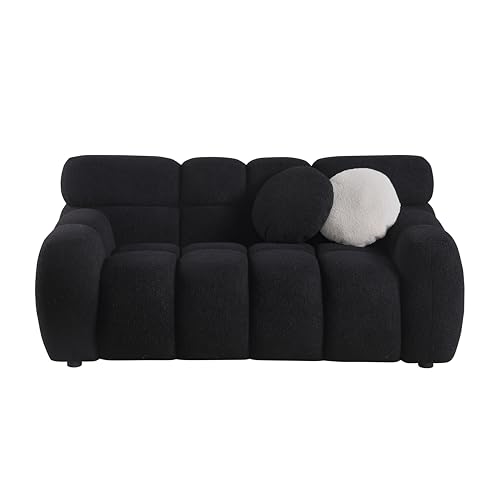 EOVTK 65" Boucle Loveseat Sofa, Modern Marshmallow Upholstered Tufted Cloud Couch with 2 Pillows for Living Room, Small Space, Apartment, Black