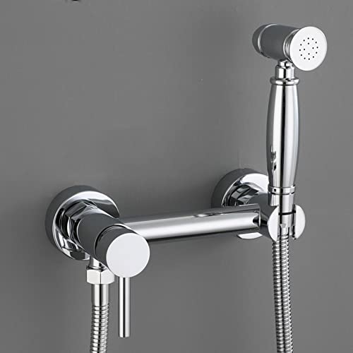 MINJING Wall Mounted Bidet Sprayer Kit for Toilet Chrome Button Hand Held Sprayer Toilet Faucet Attachment for Pet Bath/Personal Hygiene,Spring Hose