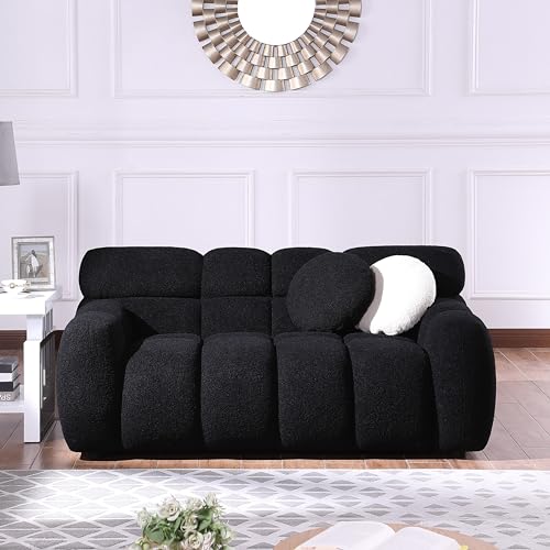 EOVTK 65" Boucle Loveseat Sofa, Modern Marshmallow Upholstered Tufted Cloud Couch with 2 Pillows for Living Room, Small Space, Apartment, Black