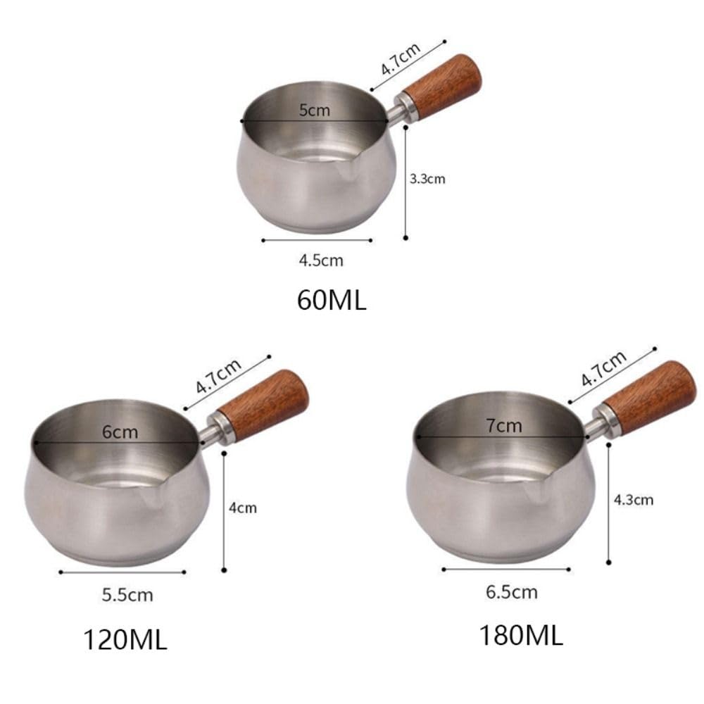 Mini Sauce Pan Wooden Handle 60ml/120ml/180ml Reusable 304 Stainless Steel Butter warmer Milk Warmer, Chocolate Melting Pot(60ml,silver)