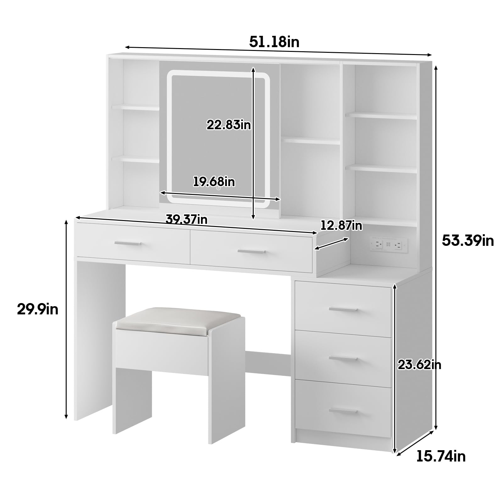 Makeup Vanity with LED Lighted Sliding Mirror, White Vanity Desk with 5 Drawers, Charging Station & Hidden Storage Shelves, Adjustable Brightness, Dressing Table Stool Set for Bedroom