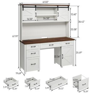 Farmhouse 67" H Executive Desk with Hutch,Office Desk with 5 Drawers, Computer Desk with Storage Cabinet & File Drawers and Charging Station, Wood Workstation for Home Office and Study