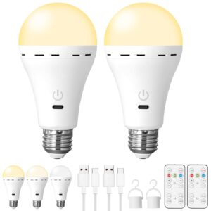 hojoyri 2packs magic rechargeable light bulbs with remote control, e26 cordless battery operated light bulb for lamps, wireless no electricity smart battery powered led bulb, 2200mah/dimmable/timer