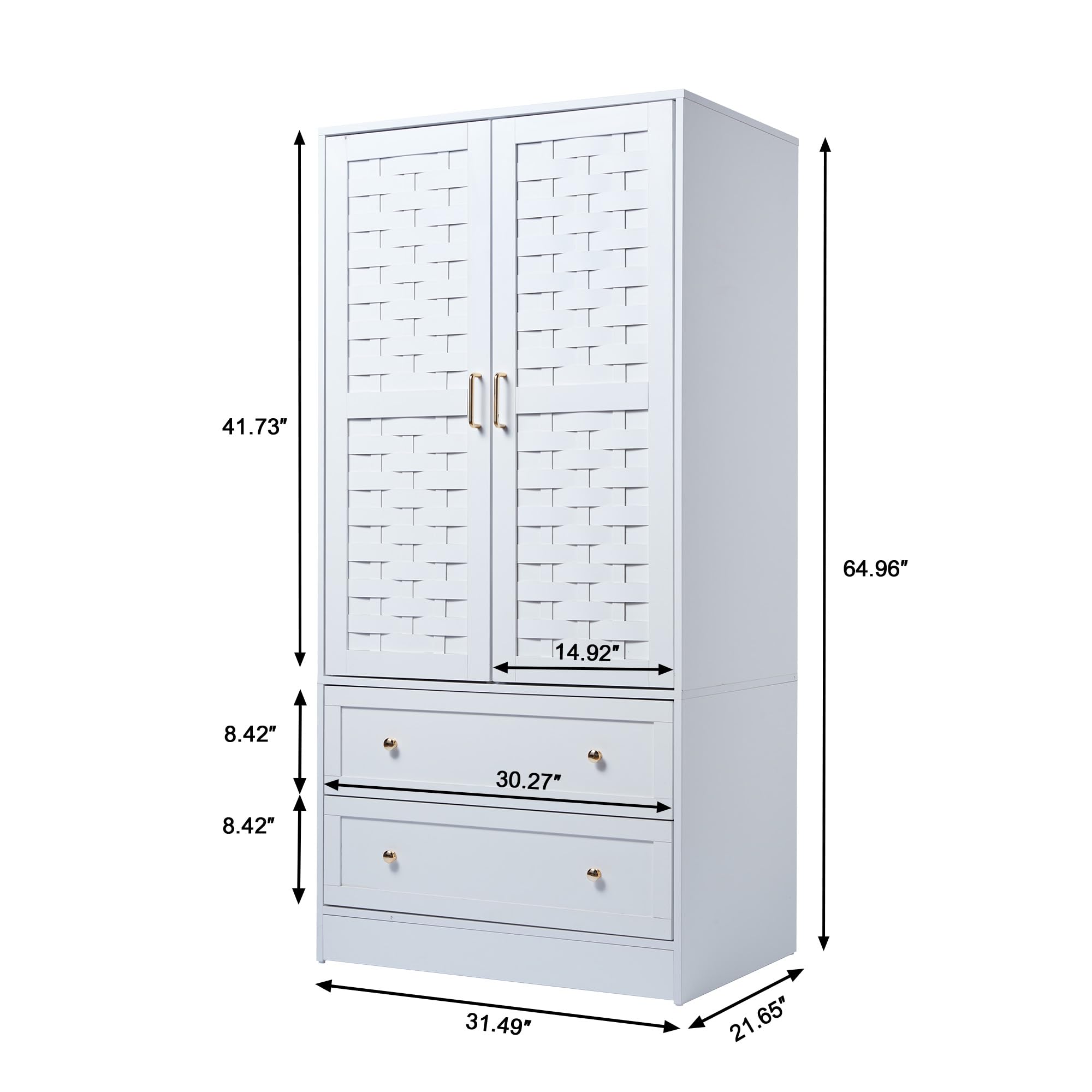 LEVNARY Armoire Wardrobe Closet, White Wardrobe Cabinet with 2 Woven Doors and 2 Storage Drawers, Freestanding Hanging Rail Closet for Bedroom (White)