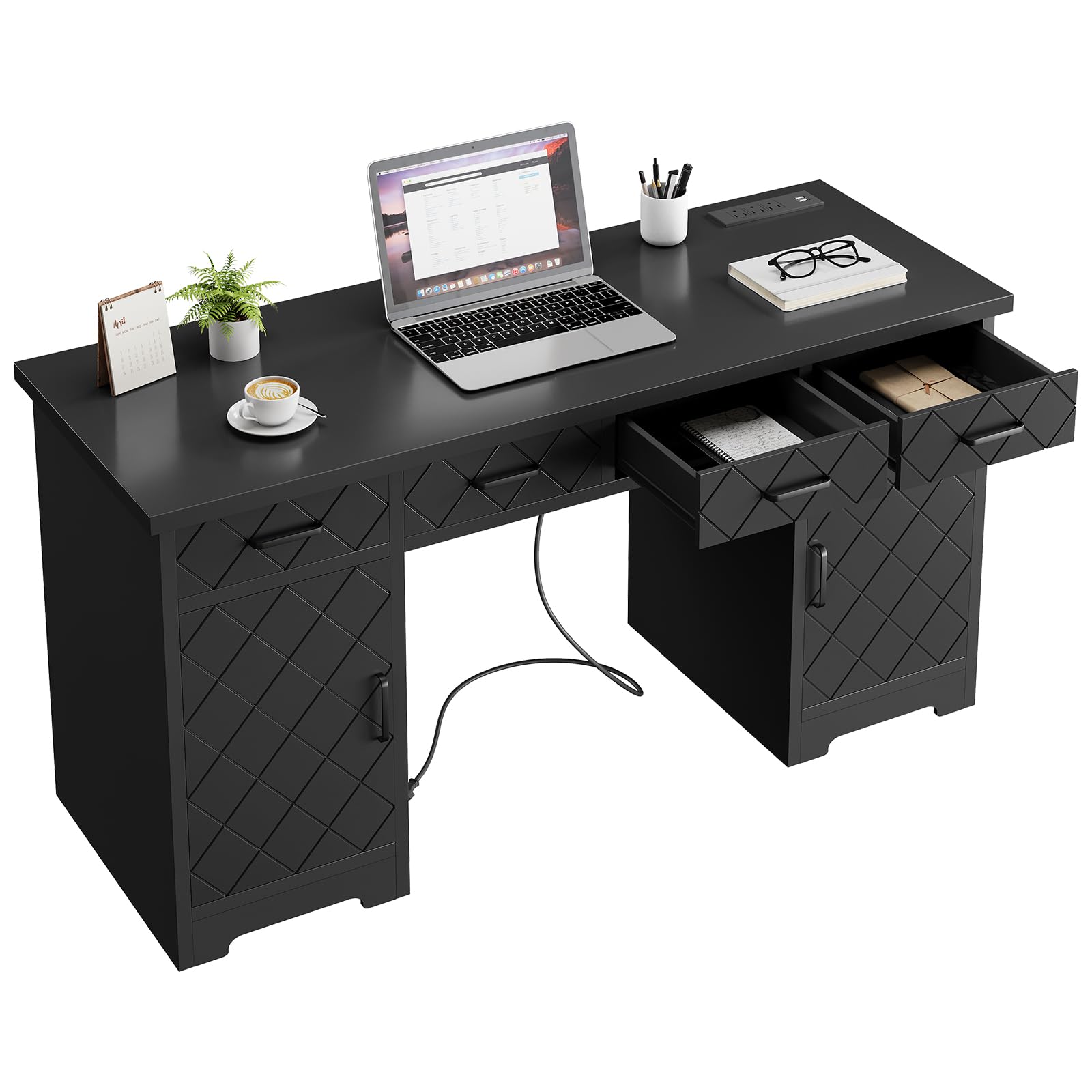 GarveeHome Executive Desk with Drawers, 55" Computer Desk with Power Outlets and Cabinet, Wood Home Office Study Writing Desk