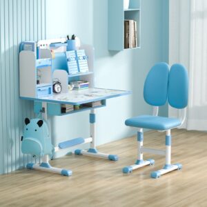 Kids Desk and Chair Set, Height Adjustable Kid Desk with Storage Drawers and Bookshelf, Ergonomic Desk for Kids, Curved Desktop Reading Writing Table (Blue A)