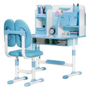 Kids Desk and Chair Set, Height Adjustable Kid Desk with Storage Drawers and Bookshelf, Ergonomic Desk for Kids, Curved Desktop Reading Writing Table (Blue A)