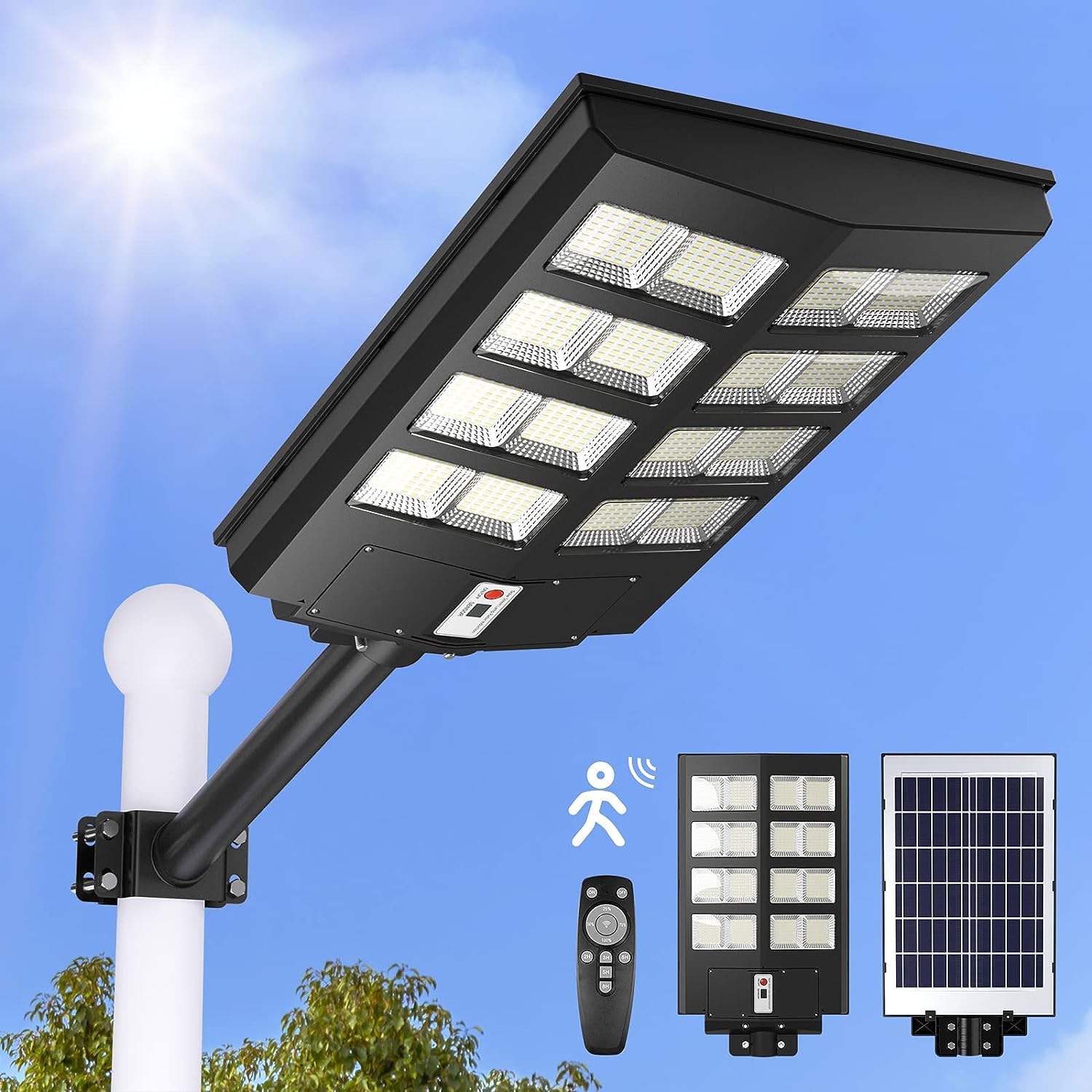 iReCaDaTa 1600W Solar Street Light Outdoor Dusk to Dawn Road Lamp Solar Flood Lights+Pole, IP67 Waterproof 640 LED 6500K LED Flood Outdoor Solar Powered with Motion Sensor for Yard, Path, Garden