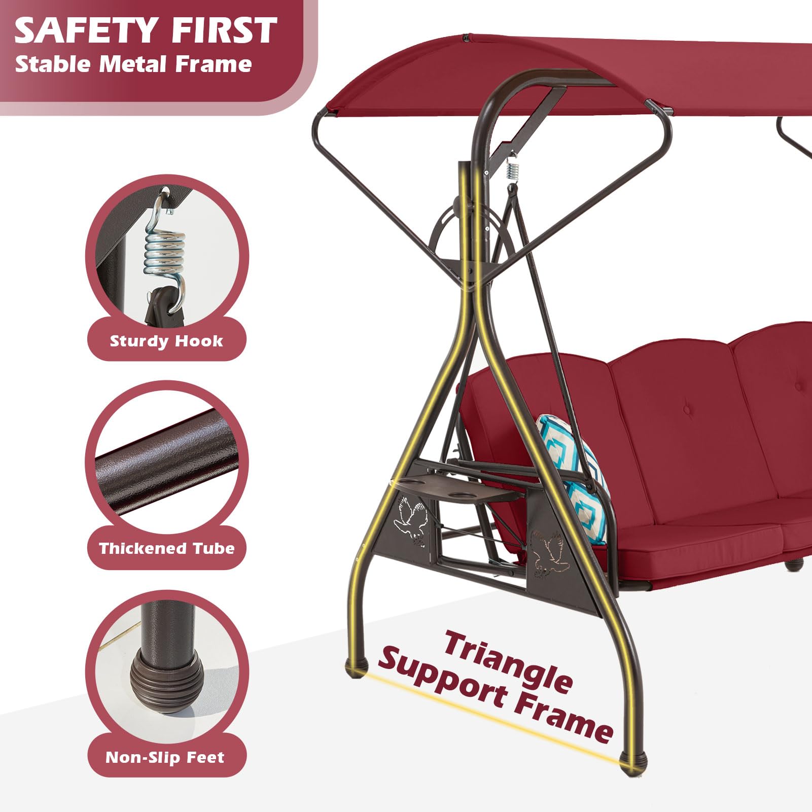 ZZW Patio Swing with Canopy 800LBS Ultra Load Outdoor Swing with Cup Holder 3-Seat Porch Swing for Adults Heavy Duty Patio Swing Bed for Patio, Backyard and Poolside, Wine Red