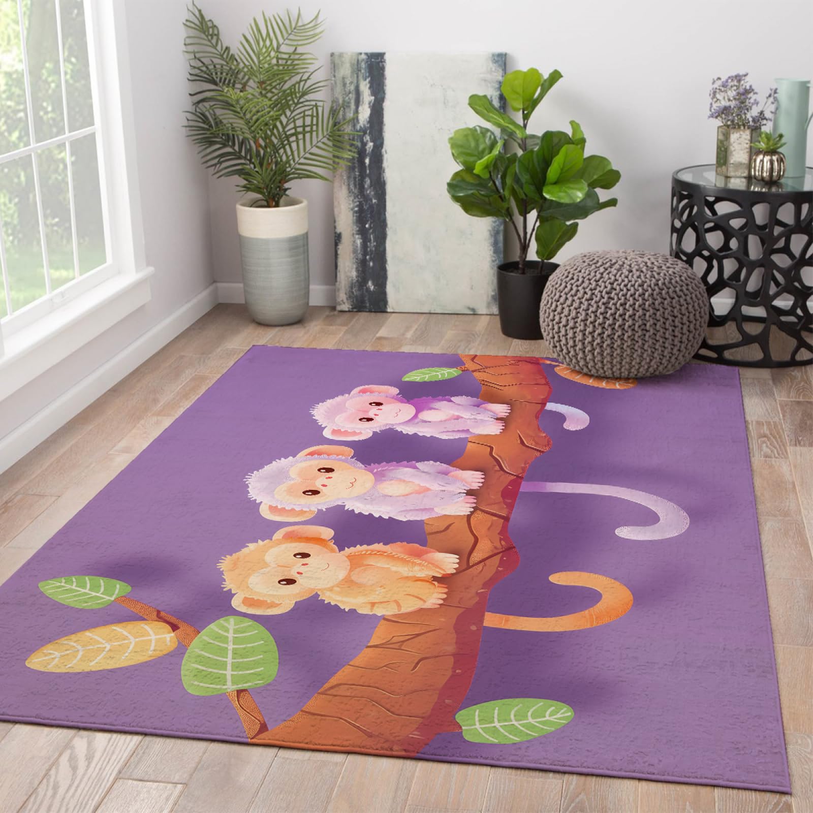 SHUODAOCO Purple Nursery Rug Cute Monkey Indoor Rug Kawaii Rug Funny Animals Washable Door Mats Indoor Non Skid Rug for Living Room Bedroom 4'x5'