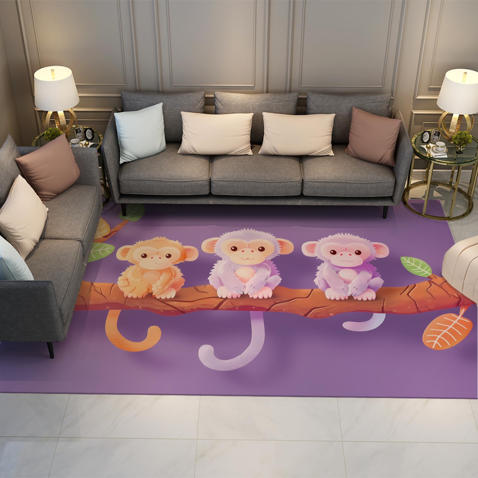 SHUODAOCO Purple Nursery Rug Cute Monkey Indoor Rug Kawaii Rug Funny Animals Washable Door Mats Indoor Non Skid Rug for Living Room Bedroom 4'x5'