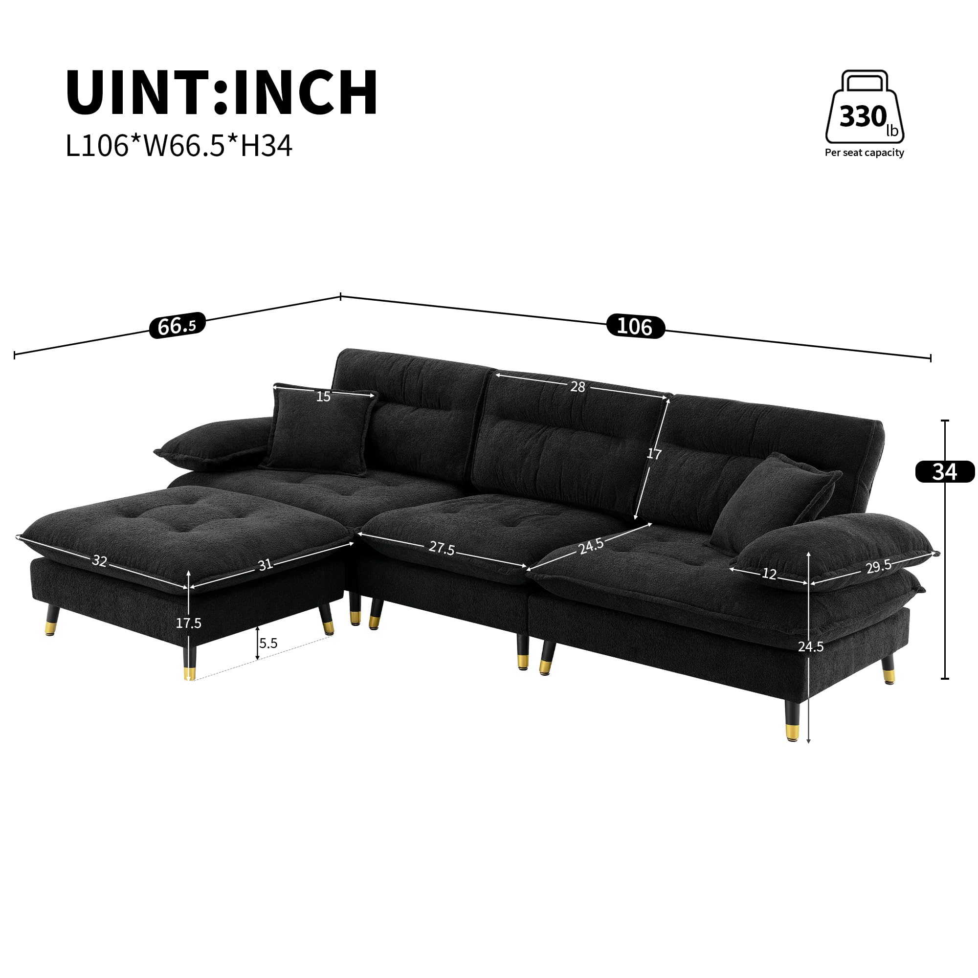 Suheww Black l Shaped Cloud Couch 3 Seater with Ottoman Set, Modern Chenille Sofa Sleeper Cloud Convertible Sectional Sofa, Comfy Cloud Couch l-Shape Extra Deep Seat Sofa Couch for Living Room