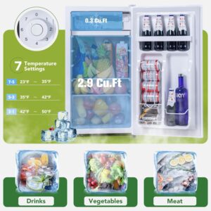 Small Refrigerator with Freezer, 𝟯.𝟮 Cu.Ft, Mini Fridge with Freezer, 7 Settings Temperature Adjustable, Single Door, Compact Refrigerator for Bedroom, Office, Dorm, White