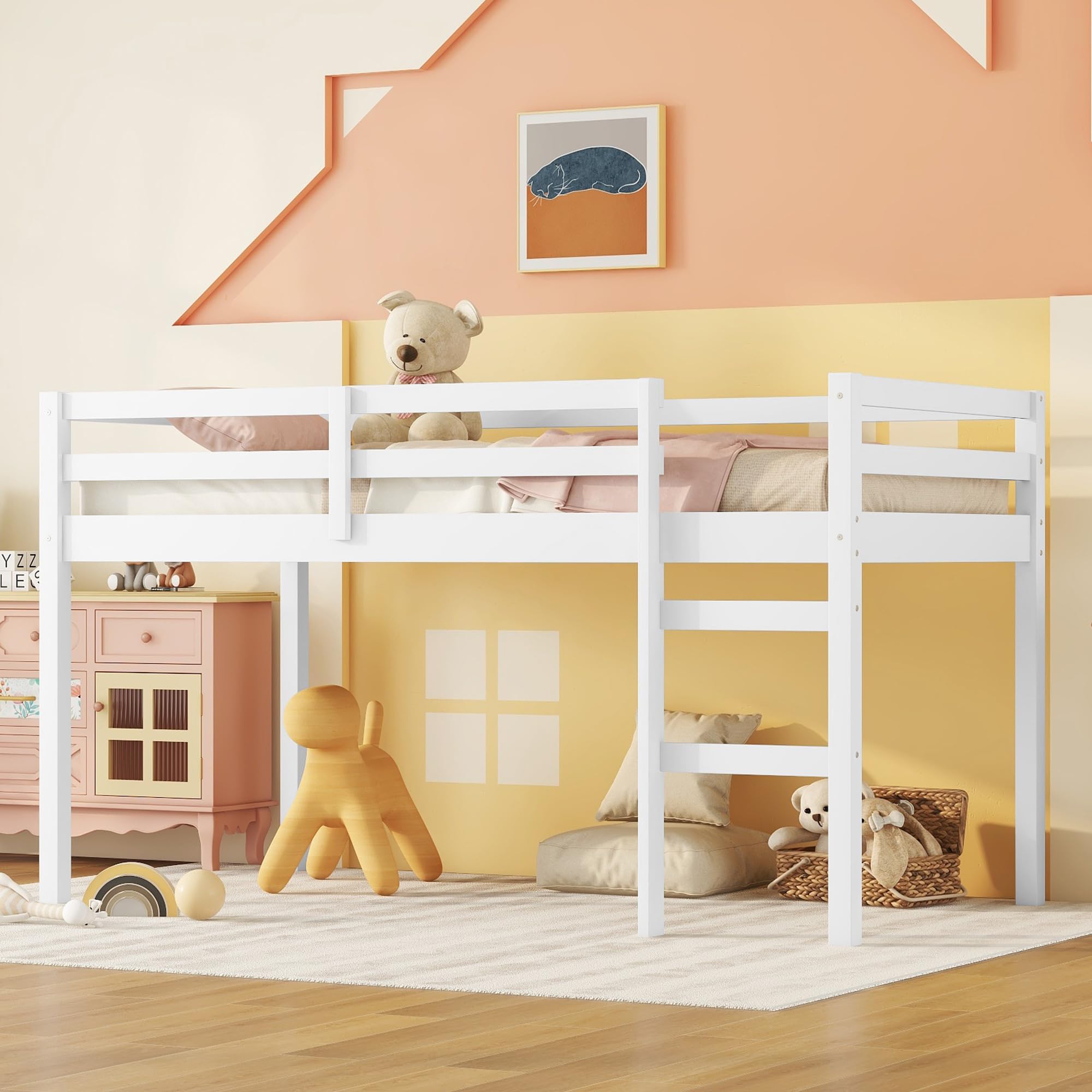 ANDORON Low Loft Bed Twin Size, Kids Solid Wood Modern Loft Bed Frame with Ladder and Safety Guardrail for Girls Boys, Noise-Free, Non-Toxic Finishes, Space-Saving, No Box Spring Needed (White, Twin)