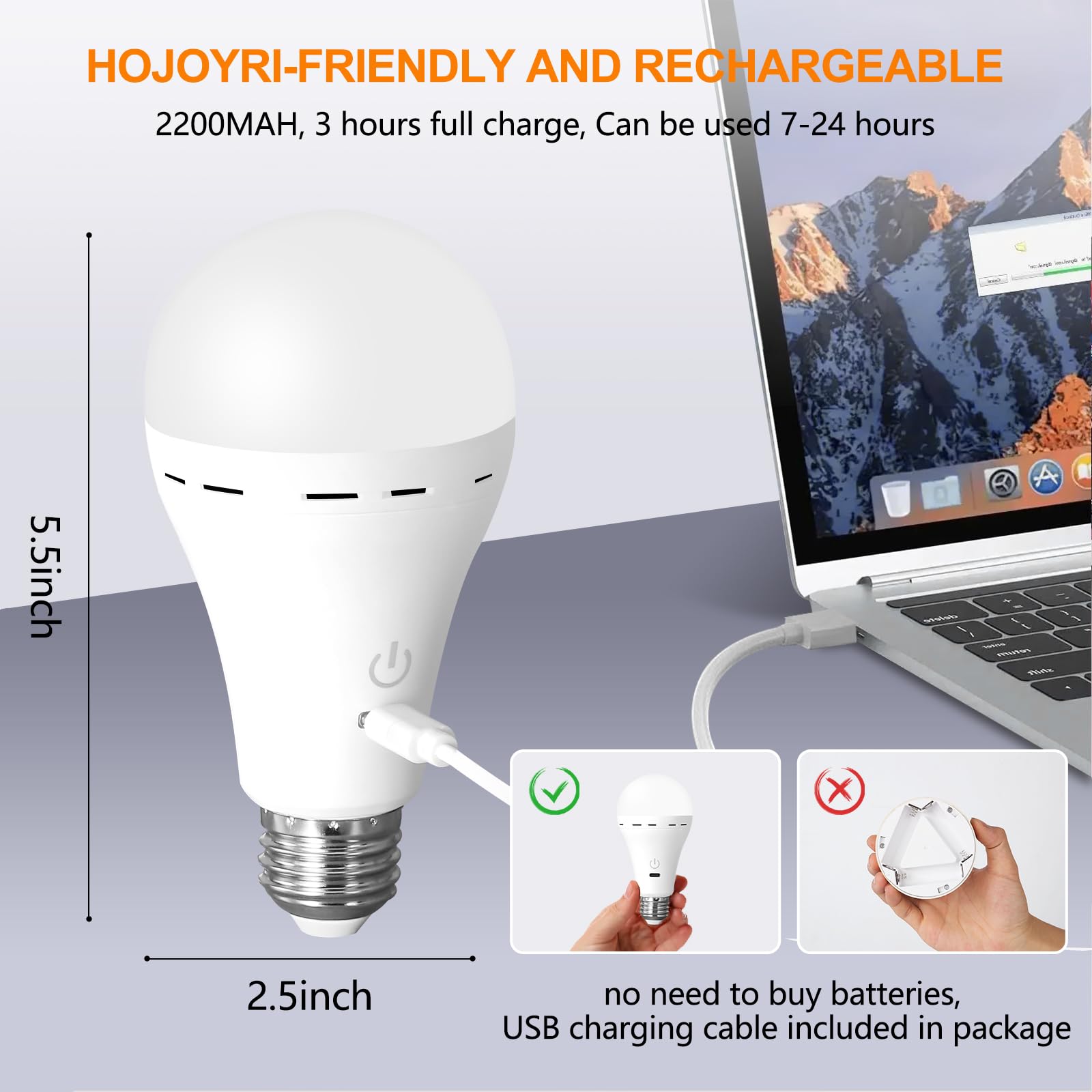 HOJOYRI 2Packs Magic Rechargeable Light Bulbs with Remote Control, E26 Cordless Battery Operated Light Bulb for Lamps, Wireless No Electricity Smart Battery Powered LED Bulb, 2200mAh/Dimmable/Timer