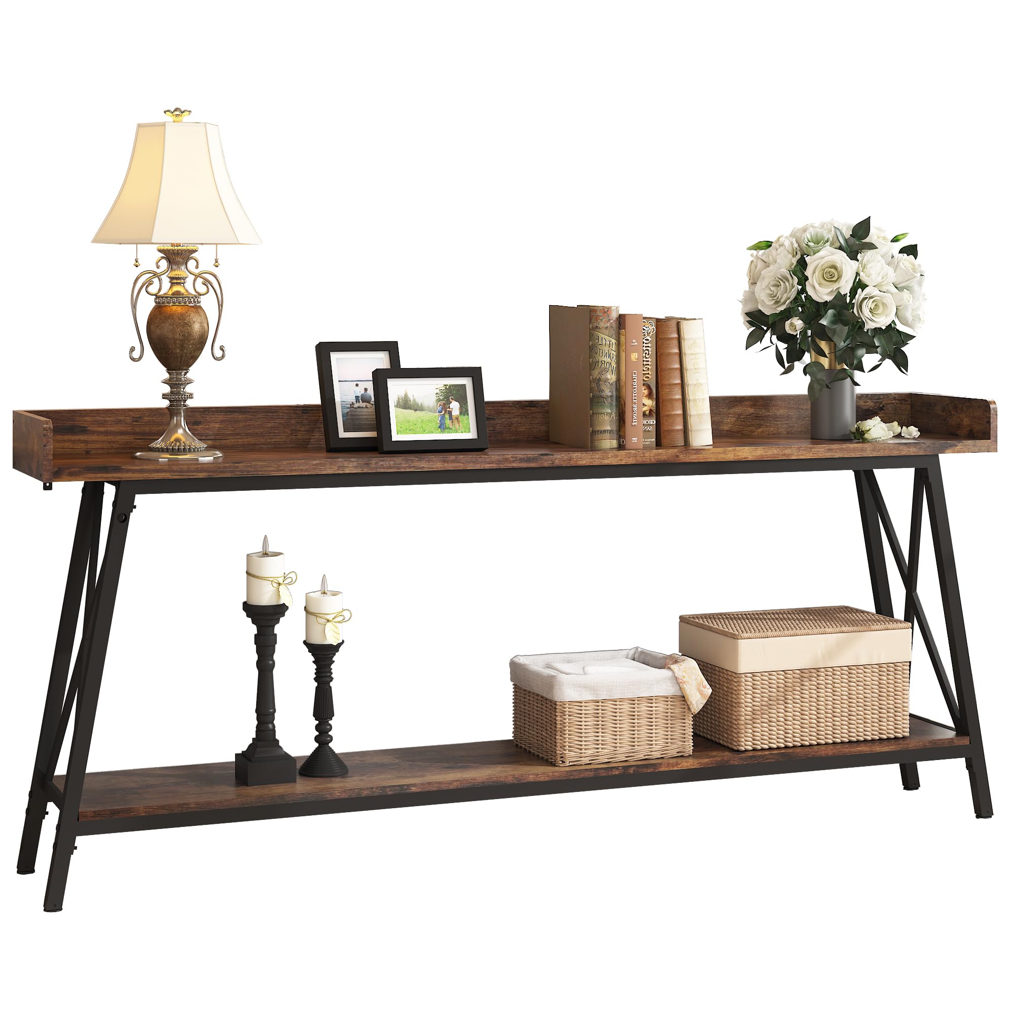 madeslves Rustic Industrial Console Table, Sofa Table, Accent Furniture for Hallway, Living Room, Entryway for Space-Saving & Lower Storage Shelf (70 inch, Brown)