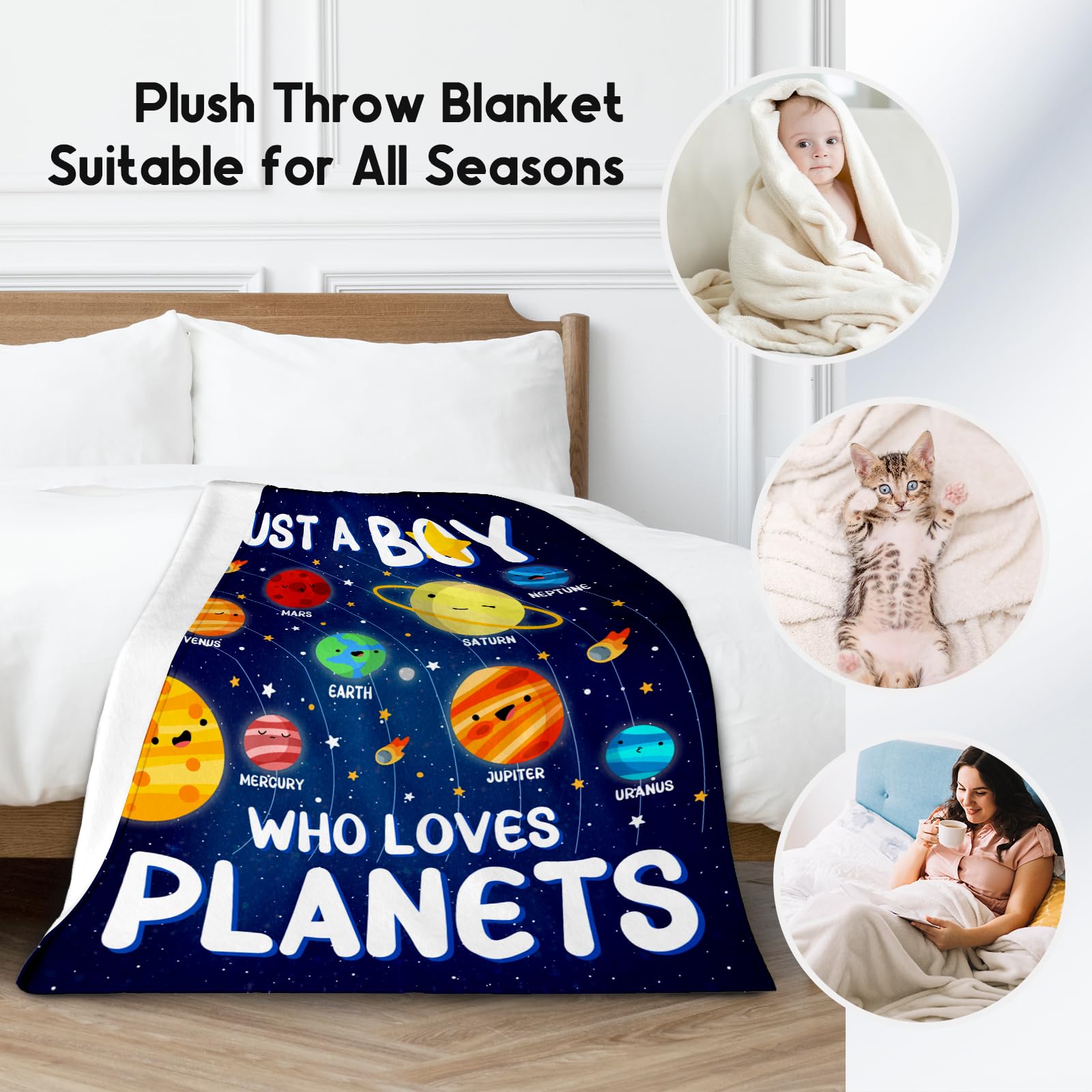 COOPASIA Planet Blanket, Planet Gifts for Boys Kids, Lightweight Flannel Throw Blanket for Planet Lovers, Boys Throw Blanket Planet Room Decor for Couch, Office (Blue, 40x50 Inch)