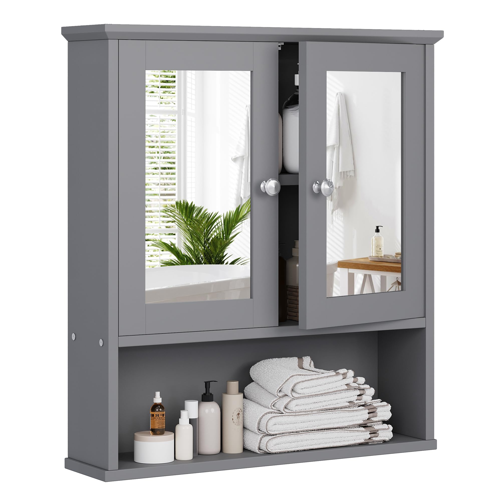 Meilocar Bathroom Cabinet with Mirror Doors, Bathroom Wall Cabinet Wall Mounted Bathroom Mirror Cabinet, Over Toilet Medicine Cabinets for Bathroom Laundry Room Kitchen, Grey