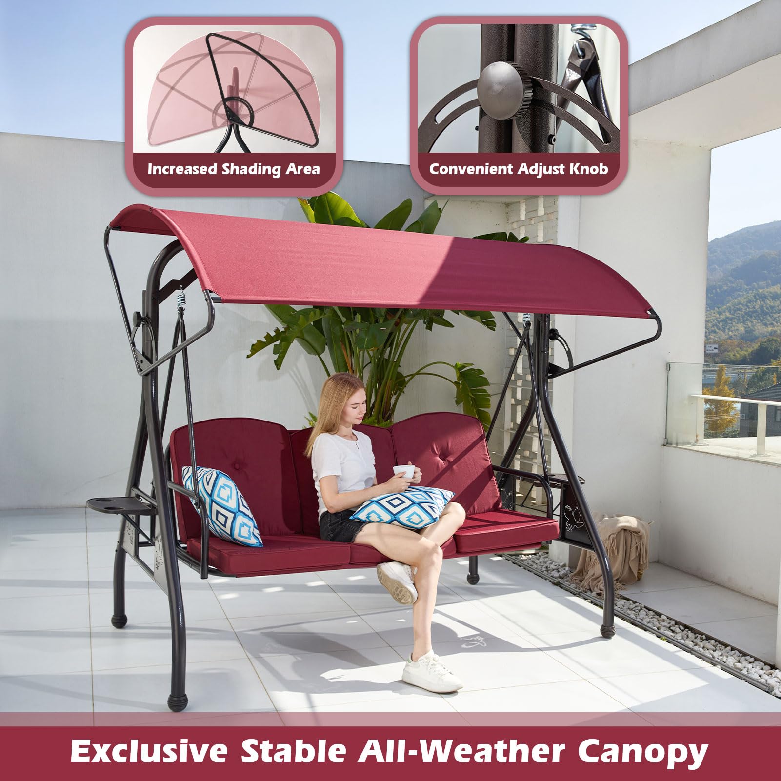 ZZW Patio Swing with Canopy 800LBS Ultra Load Outdoor Swing with Cup Holder 3-Seat Porch Swing for Adults Heavy Duty Patio Swing Bed for Patio, Backyard and Poolside, Wine Red