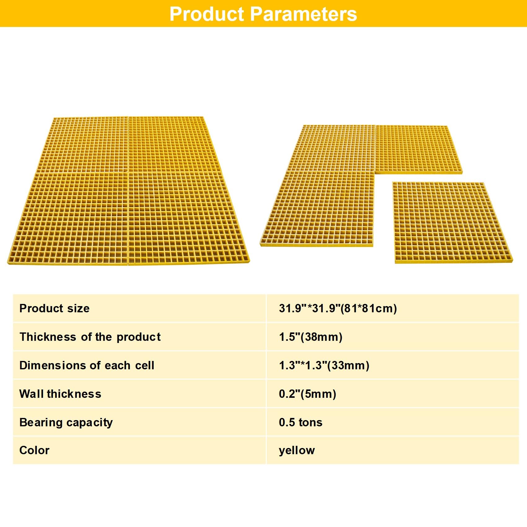 Banfluxion 31.9"x31.9" Fiberglass Floor Grating Car Wash FRP Grating 0.5 tons Bearing Capacity Yellow